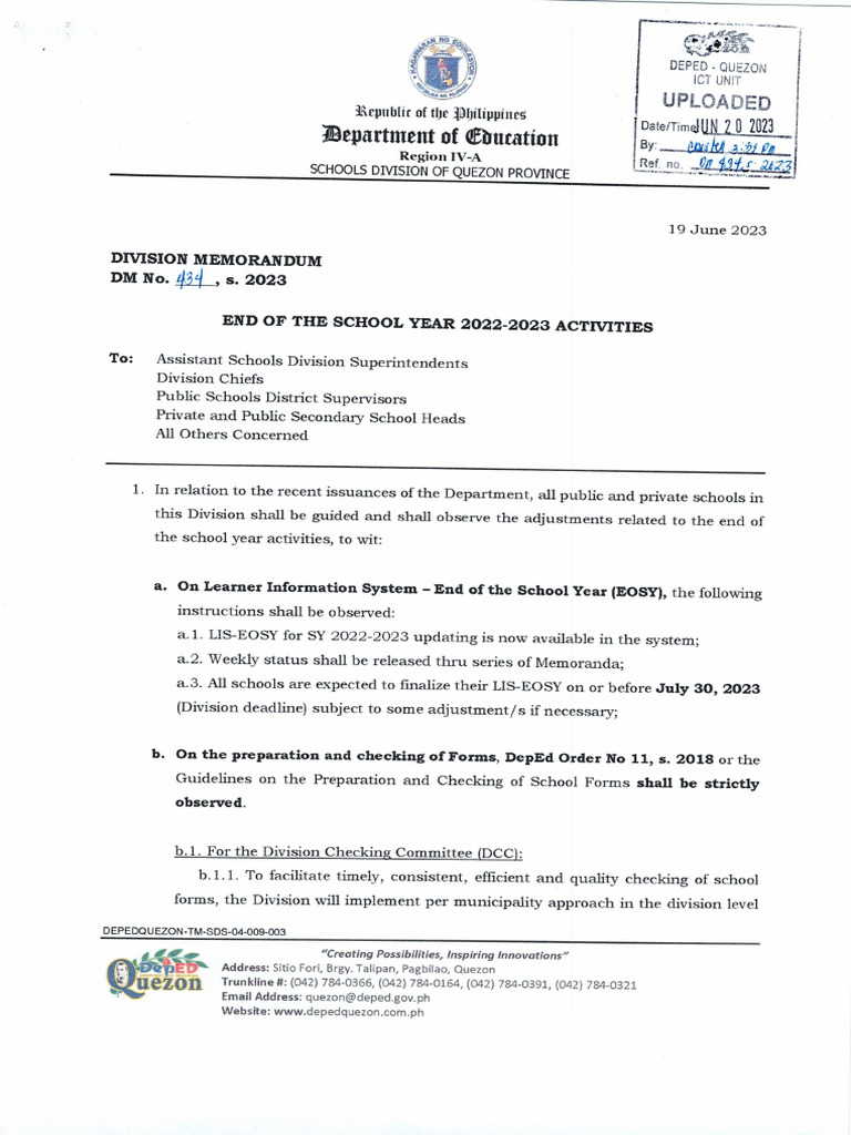 DM 434 S. 2023 End of School Year 2022 2023 Activities 1 | PDF ...