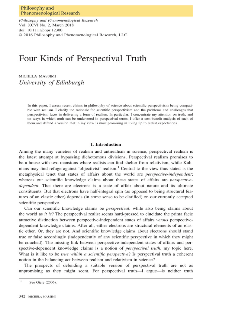 Massimi-2018-Four Kinds of Perspectival Truth | PDF | Truth | Epistemology