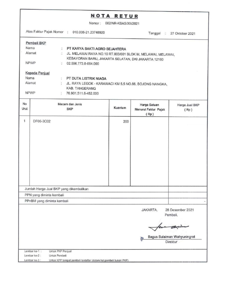 Contoh Nota Retur Pajak | PDF