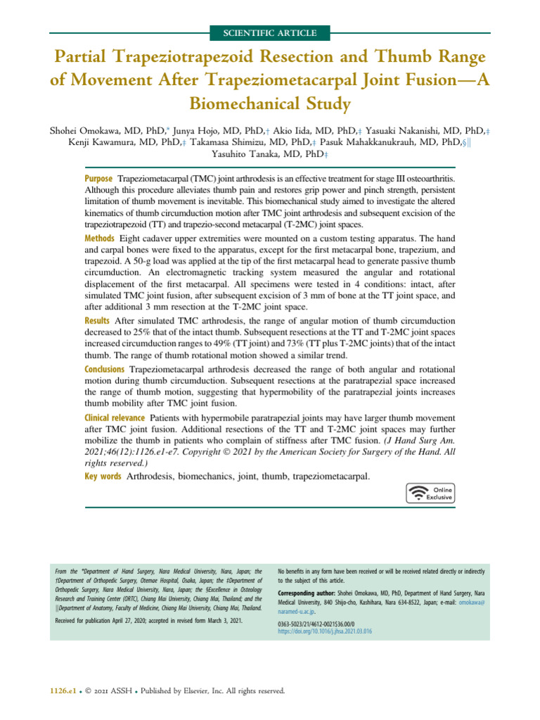 Partial Trapeziotrapezoid Resection and Thumb Rang | PDF | Hand | Thumb
