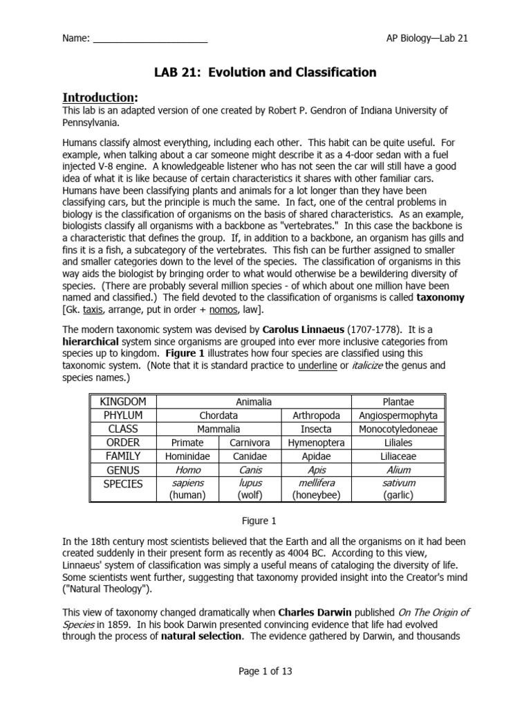 LAB 21 - Evolution and Classification | PDF | Taxonomy (Biology) | Species