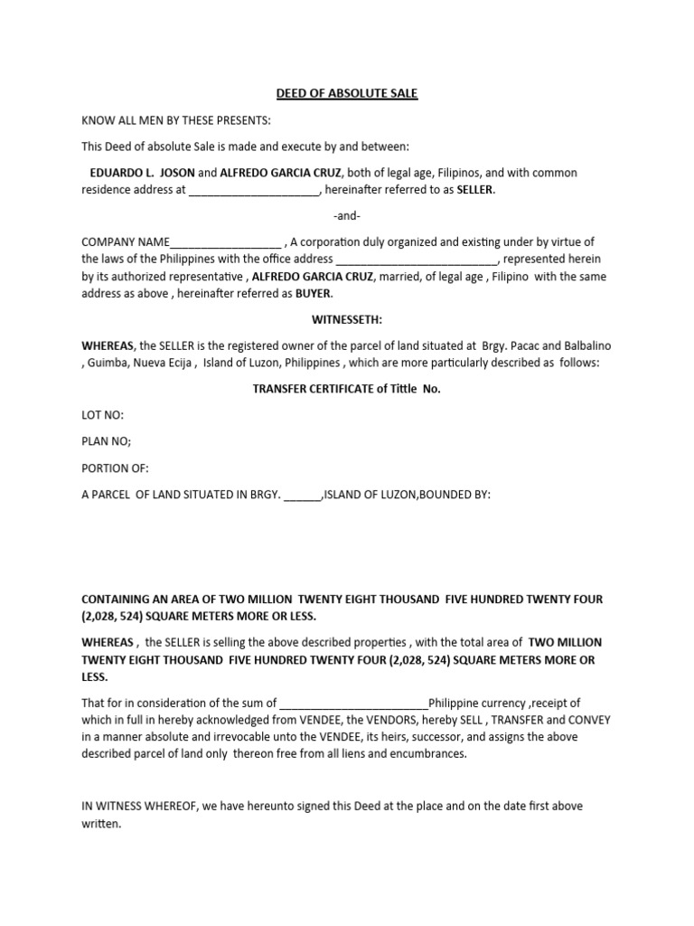 Deed of Absolute Sale Sample | PDF | Legal Documents | Property Law