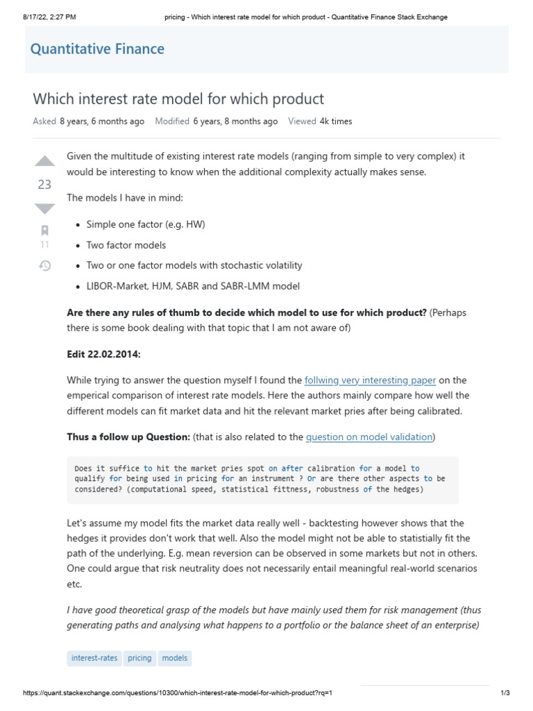 4 - Pricing - Which Interest Rate Model For Which Product - Quantitative Finance Stack Exchange ...