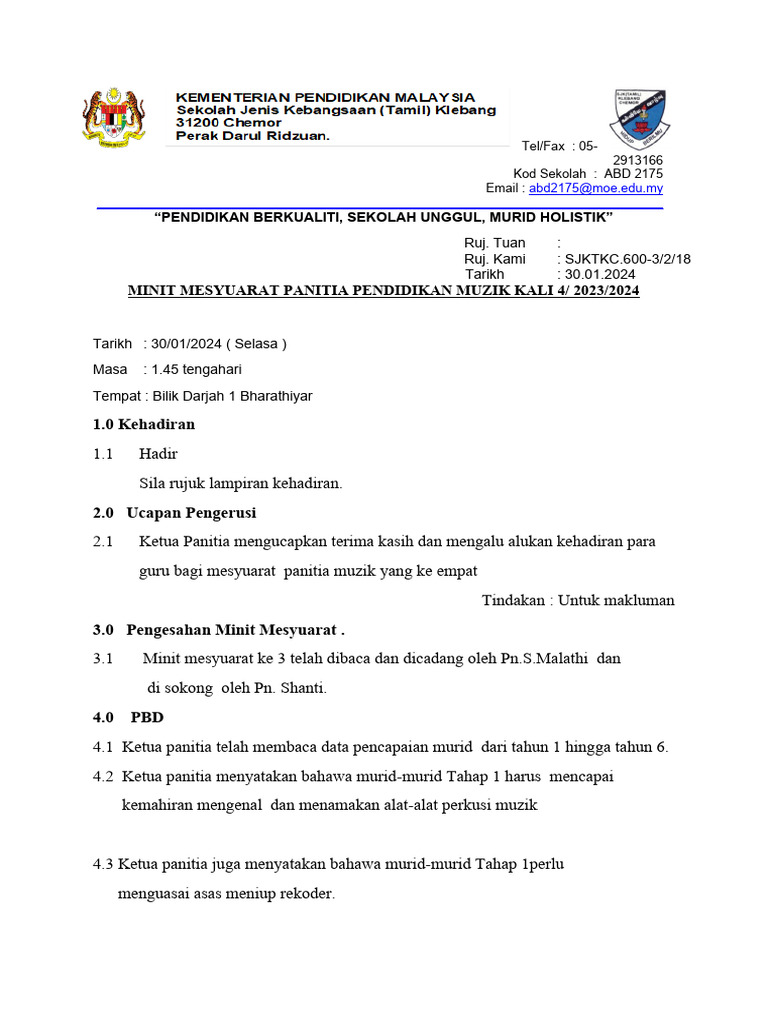 Minit Mesyuarat Panitia Pendidikan Muzik Kali 4/ 2023/2024: 1.0 Kehadiran | PDF