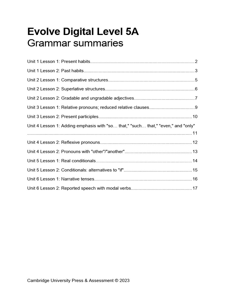 Evolve Digital Level 5A Grammar Summaries | PDF | Adjective | Verb