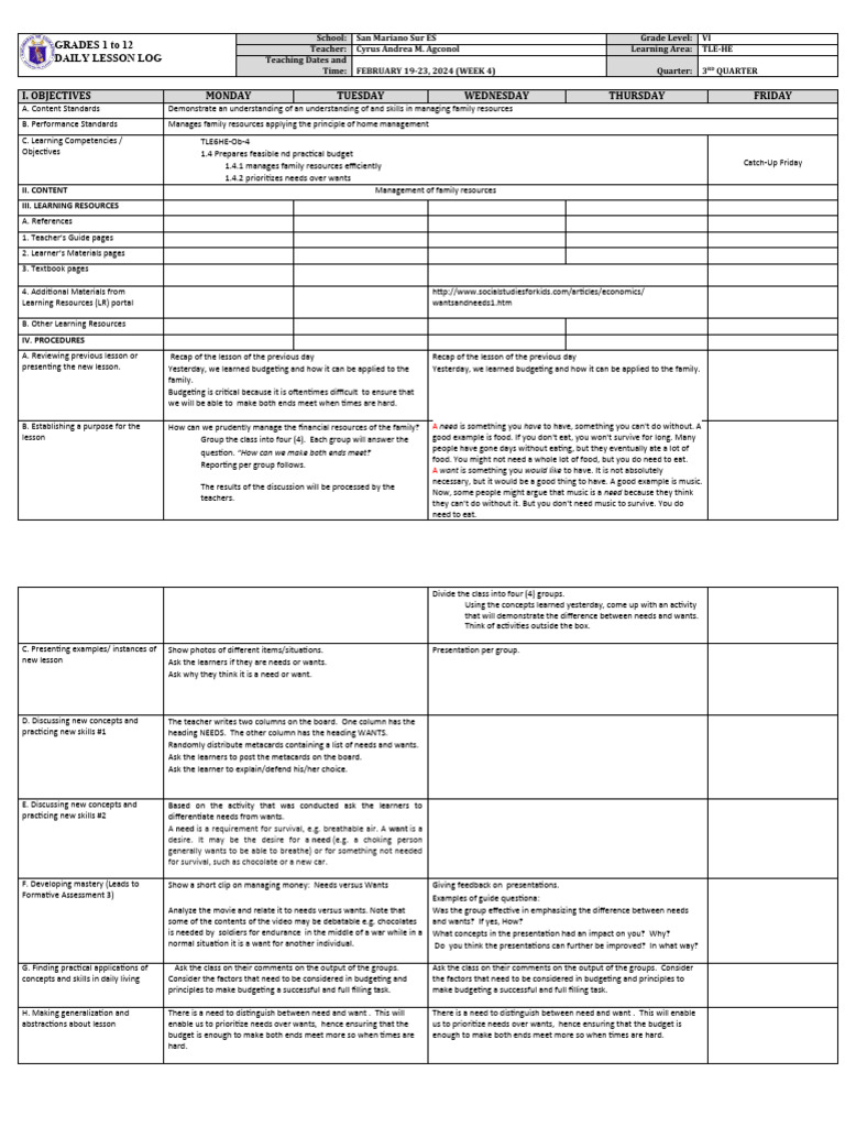 DLL - Tle-He 6 - Q3 - W4 | PDF | Learning | Cognitive Science