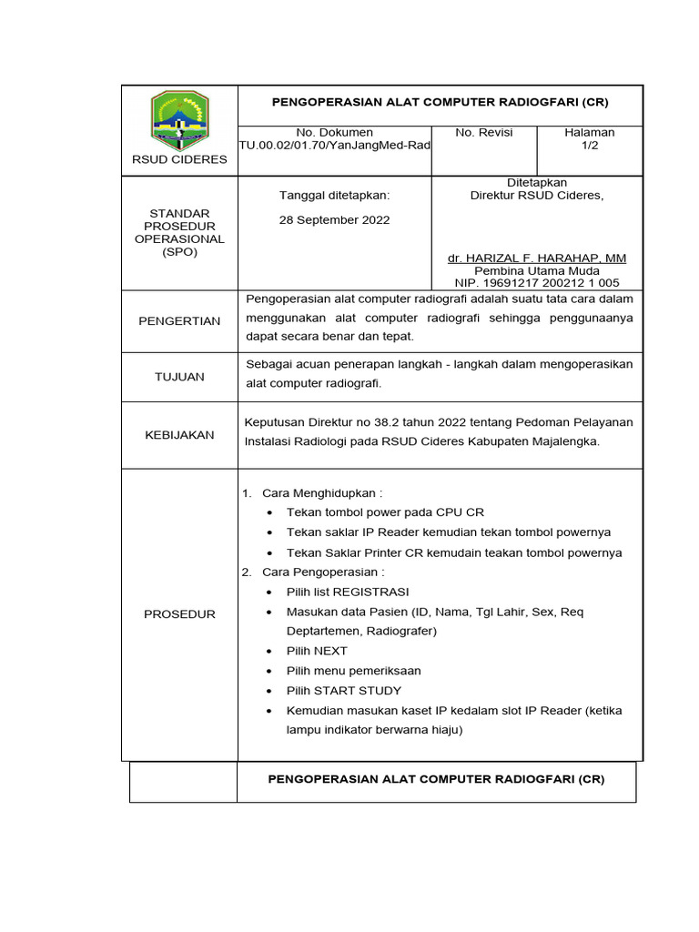 Sop Pengoperasian Alat Computer Radiogfari (CR) | PDF