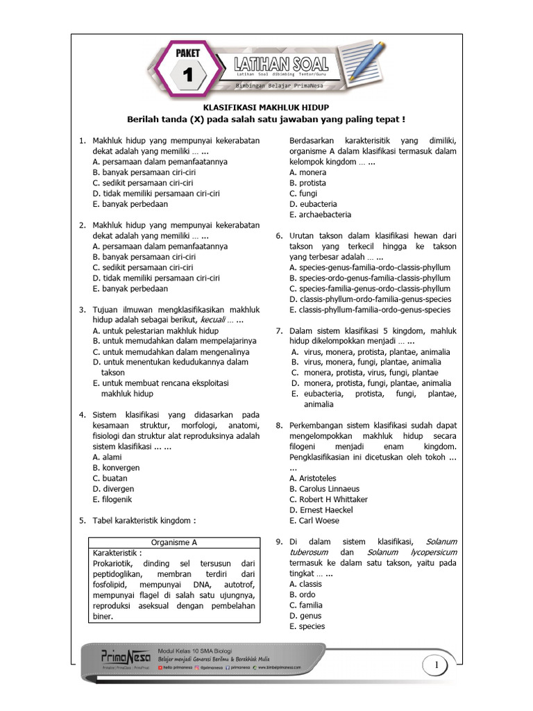 Biologi Bab 3 Latihan Soal Klasifikasi Makhluk Hidup | PDF