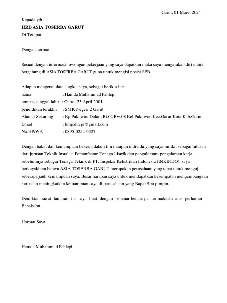 Surat Lamaran Hamda ASIA TOSERBA GARUT | PDF | Karier & Perkembangan