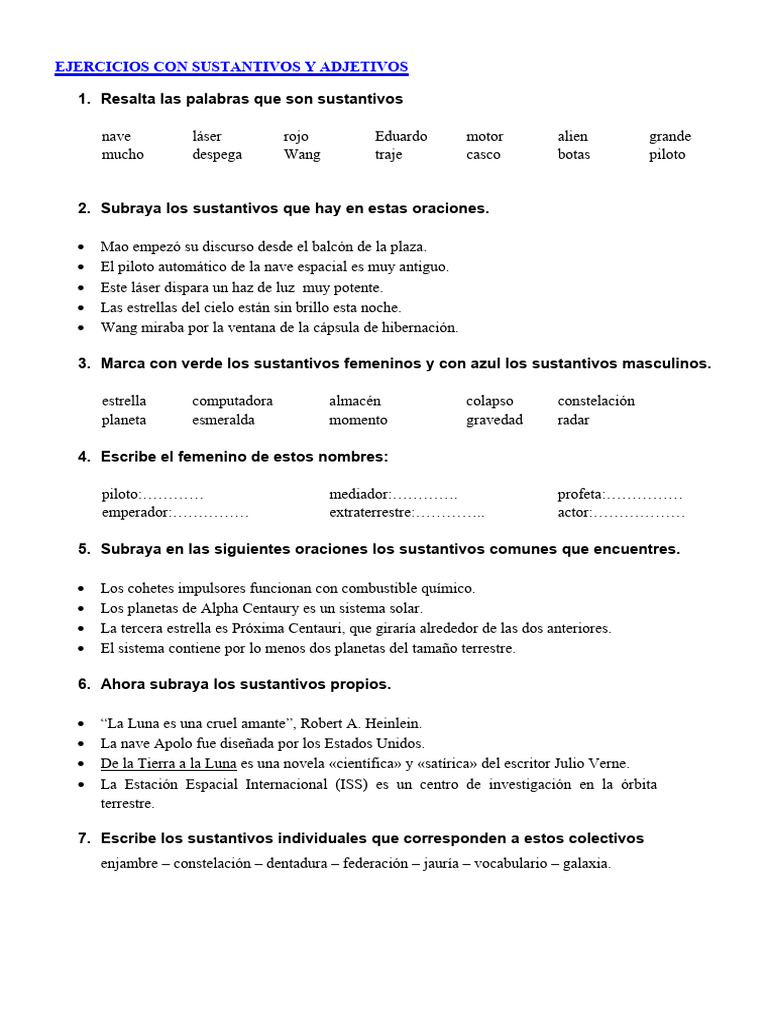 Ejercicios Con Sustantivos y Adjetivos | PDF | Sustantivo | Adjetivo