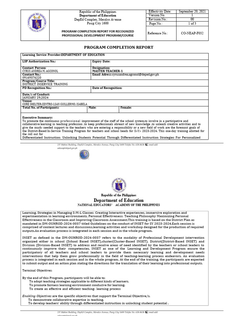 Completion-Report | PDF | Differentiated Instruction | Learning