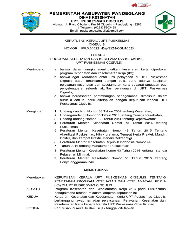 SK Penetapan Program Kesehatan Dan Keselamatan Kerja (K3) | PDF