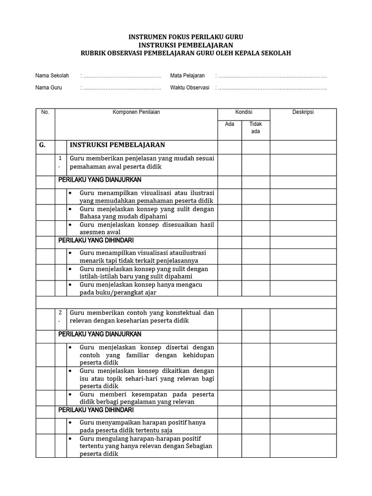 G. Instrumen Fokus Perilaku Guru Instruksi Pembelajaran | PDF