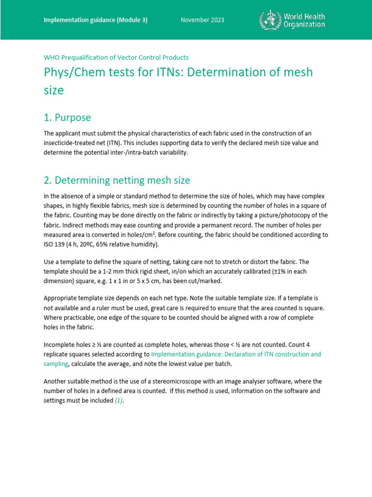 Phys, Chem Tests For ITNs, Determination of Mesh Size | PDF | Textiles
