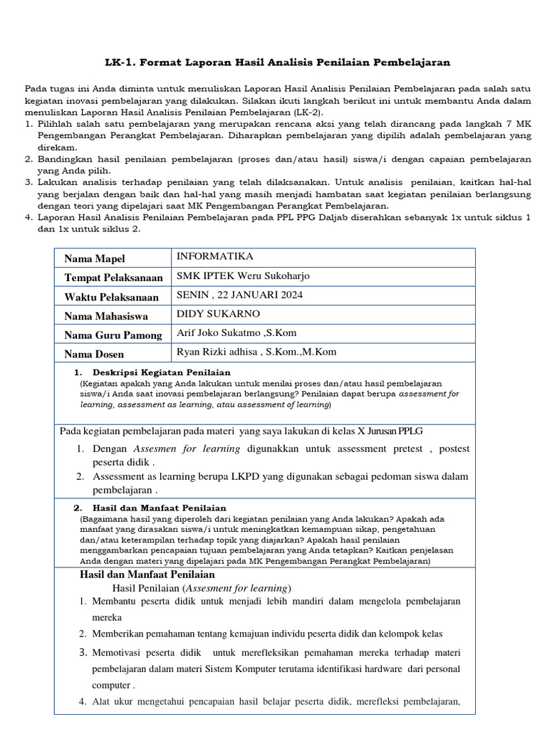 LK-1. Format Laporan Hasil Analisis Penilaian Pembelajaran | PDF