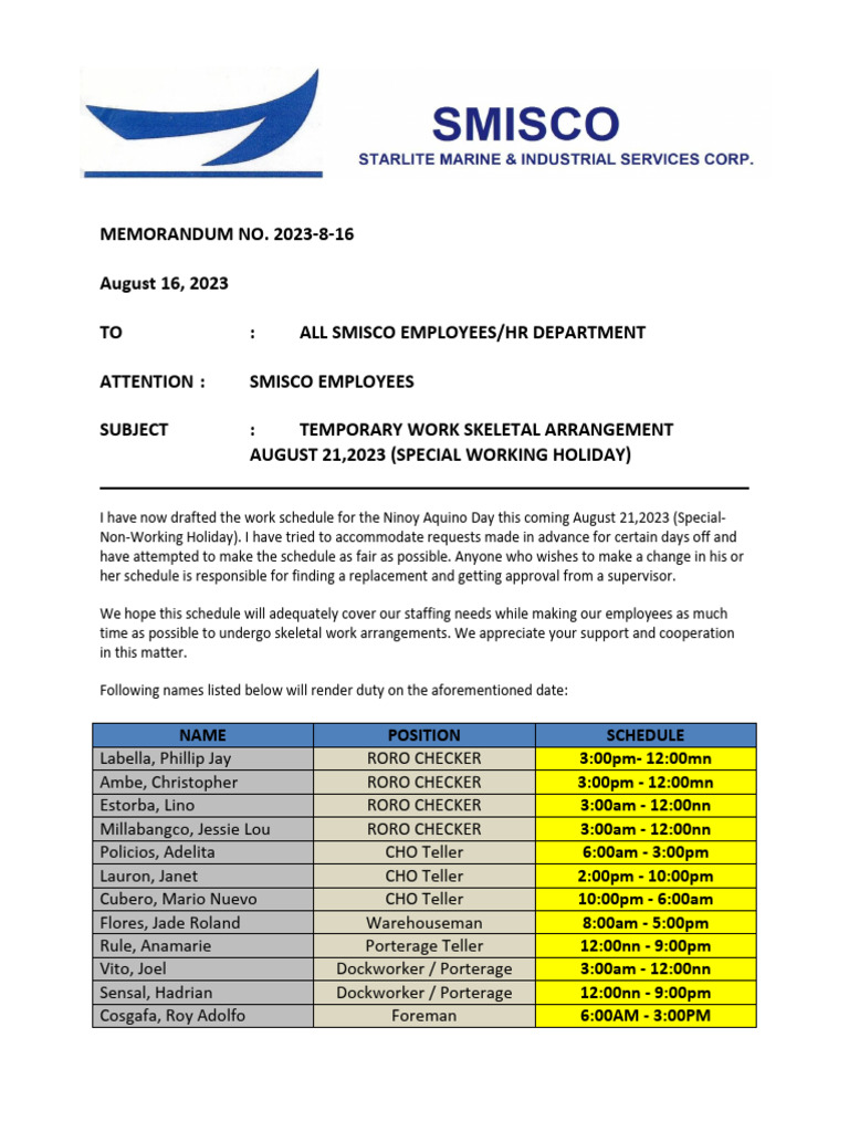Temporary Skeletal Work Schedule Memo | PDF | Employment | Labor