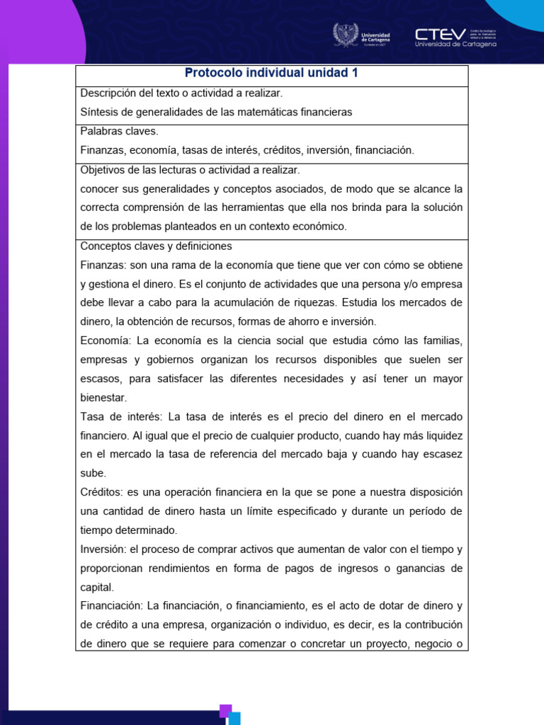 Protocolo Individual Matematica Financiera Unidad 1 | PDF