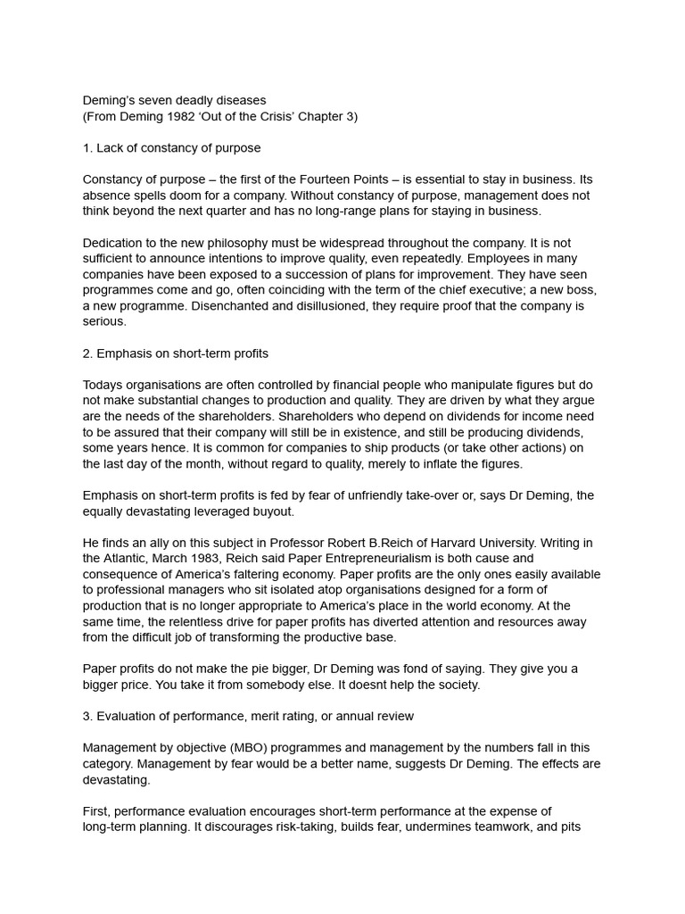 Deming's Seven Deadly Diseases | PDF | Economies | Business