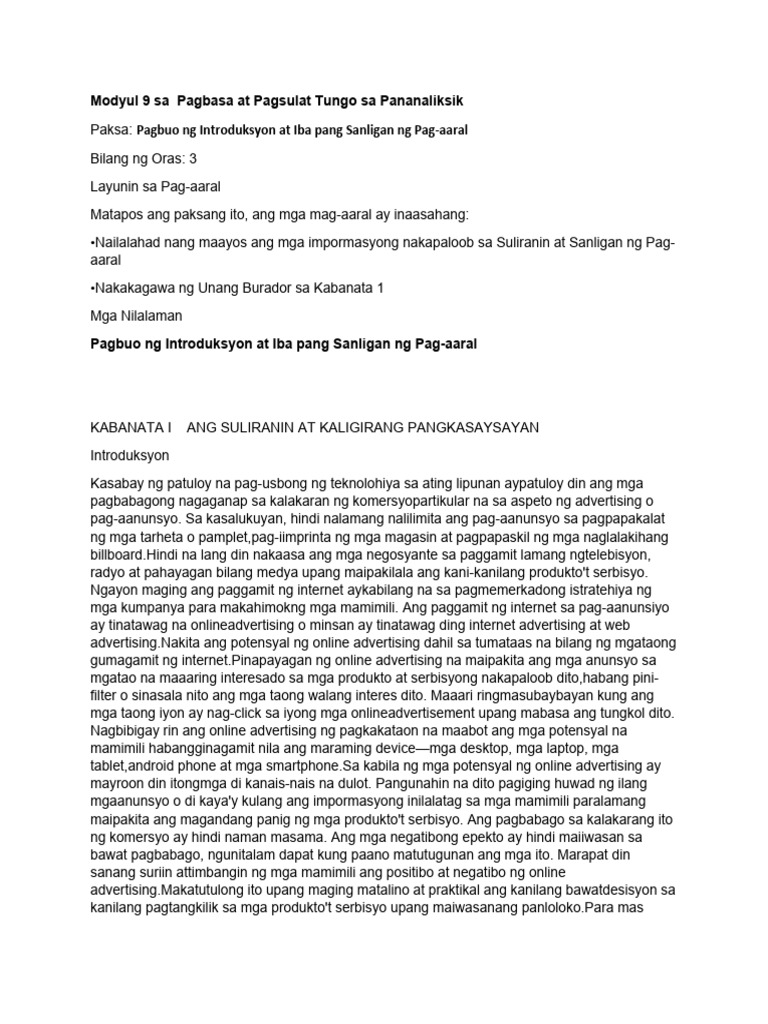 9modyul 9 Kabanata 1 Sa Pagbasa at Pagsulat Tungo Sa Pananaliksik | PDF