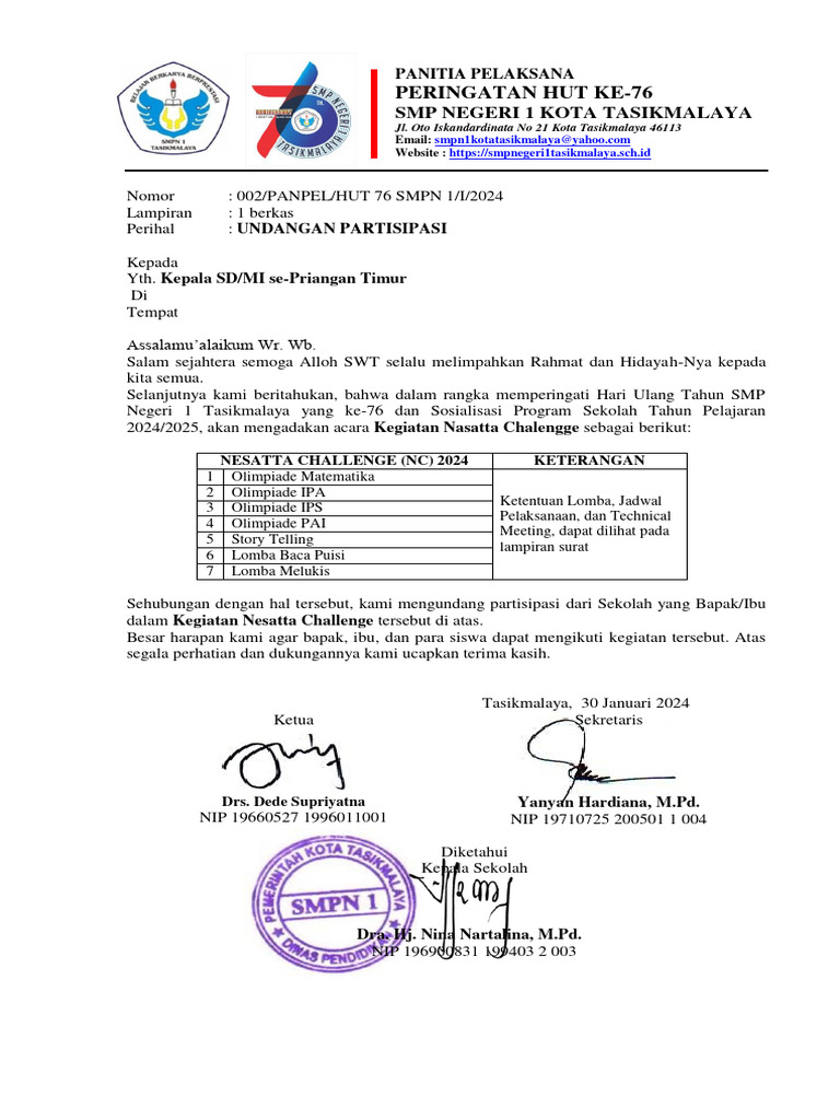 Surat Undangan Partisipasi Lomba Hut 76 Nesatta | PDF