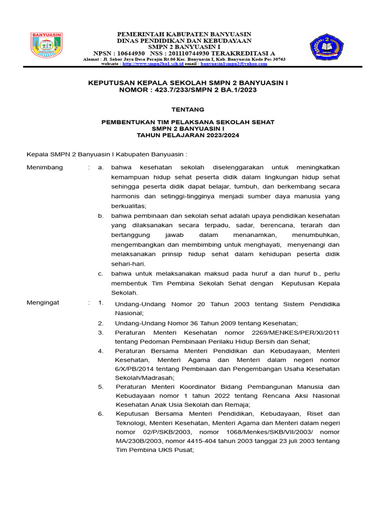 SK Tim Sekolah Sehat | PDF