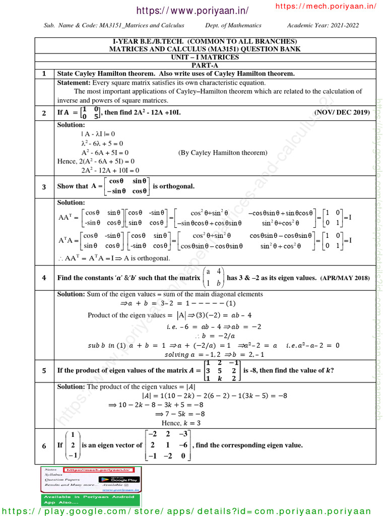 MA3151 Matrices and Calculus Reg 2021 Two Marks | PDF | Eigenvalues And Eigenvectors | Matrix ...