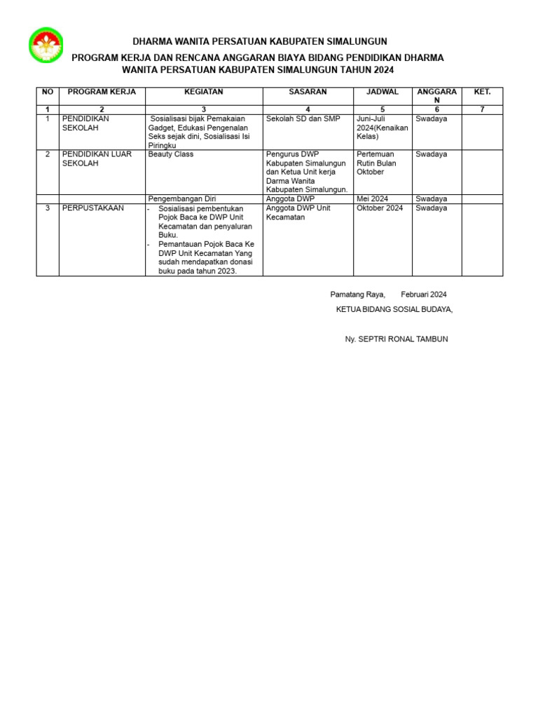 Program Kerja Bidang Pendidikan DWP Kabupaten Simalungun 2024 | PDF