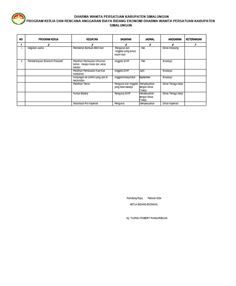 Lampiran Program Kerja DWP Bidang Ekonomi Kab.2024 | PDF