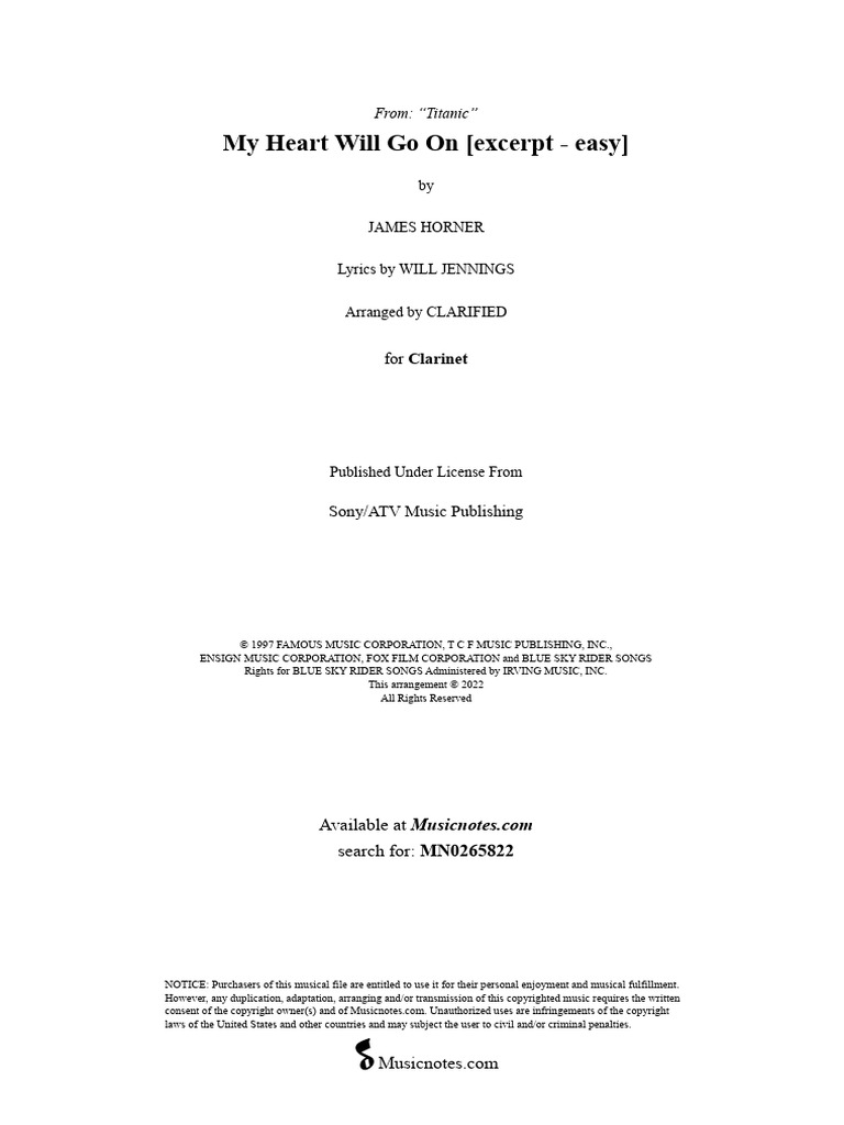 Clarified - My Heart Will Go On (Excerpt - Easy) - Sheet Music (Clarinet Solo) in C Major ...