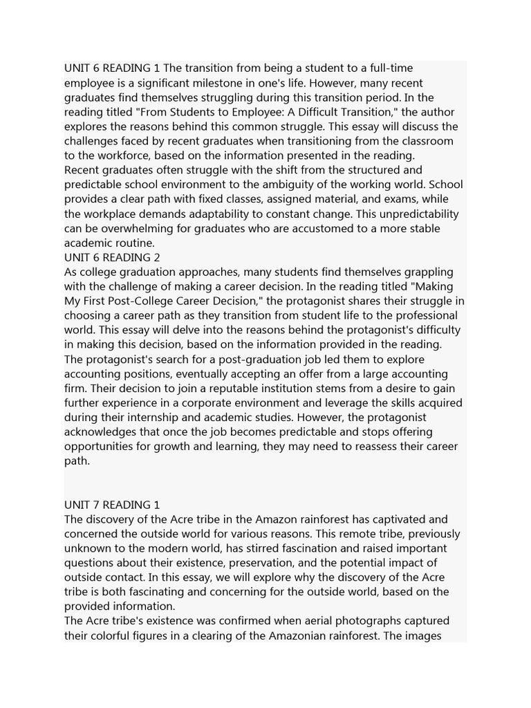 UNIT 6 READING 1 The Transition From Being A Student To A Full ...