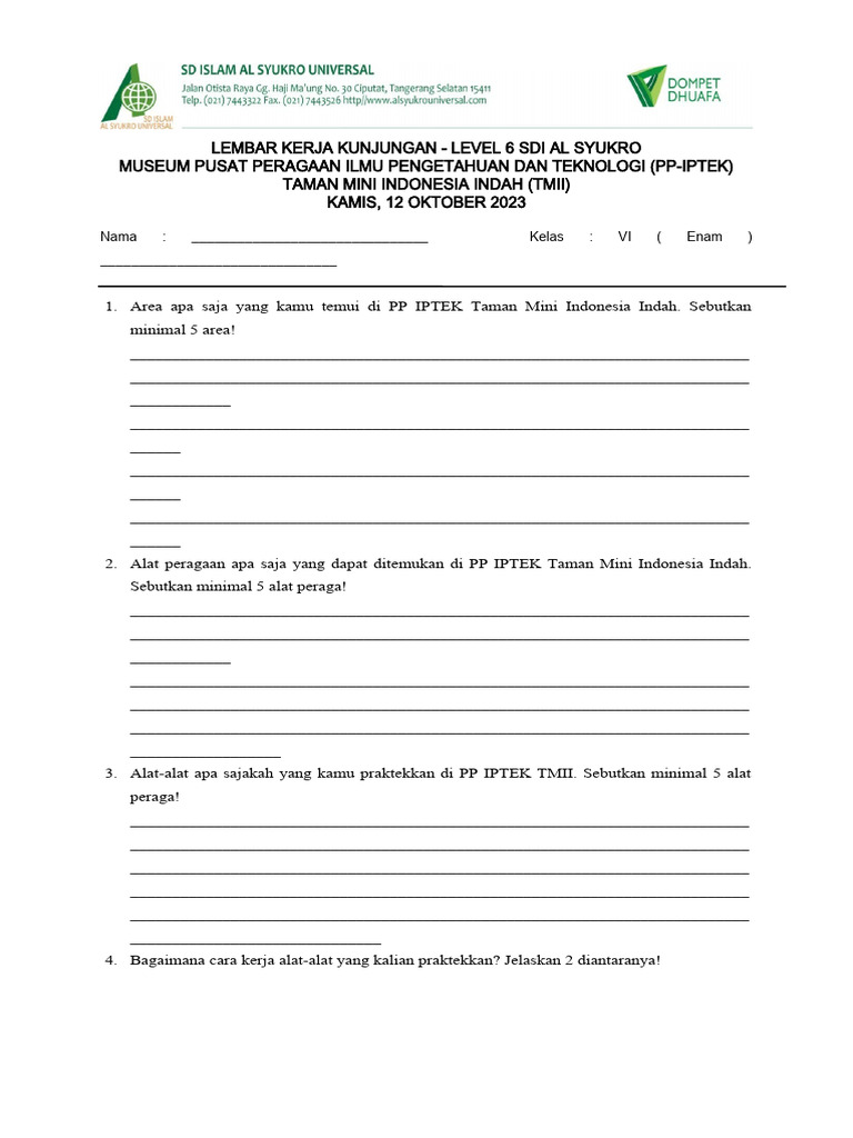 Lembar Kunjungan Field Trip PP Iptek Tmii Level 6 | PDF | Bisnis