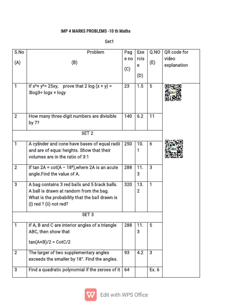 IMP 4 MARKS For Class 10 Maths | PDF | Area | Triangle