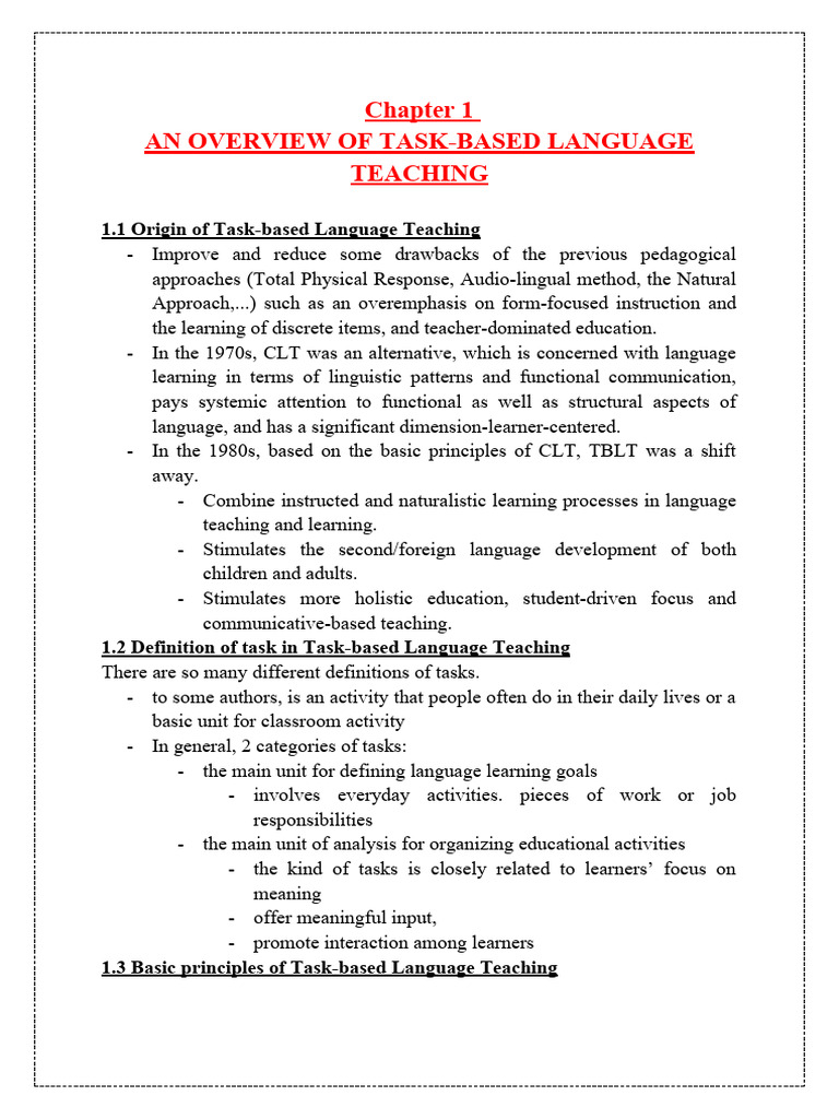 Chapter 1 AN OVERVIEW OF TASK-BASED LANGUAGE TEACHING | PDF | Learning | Language Education