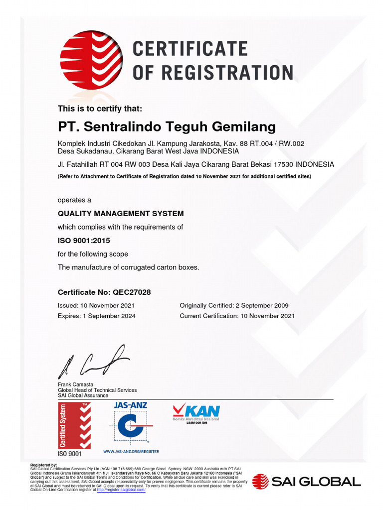 Sertifikat ISO 9001-2015 Sentralindo Teguh Gemilang | PDF | Iso 9000 | Systems Theory