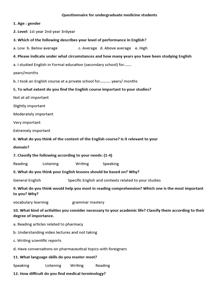 Questionnaire For Undergraduate Medical Students | PDF | English Language | Vocabulary