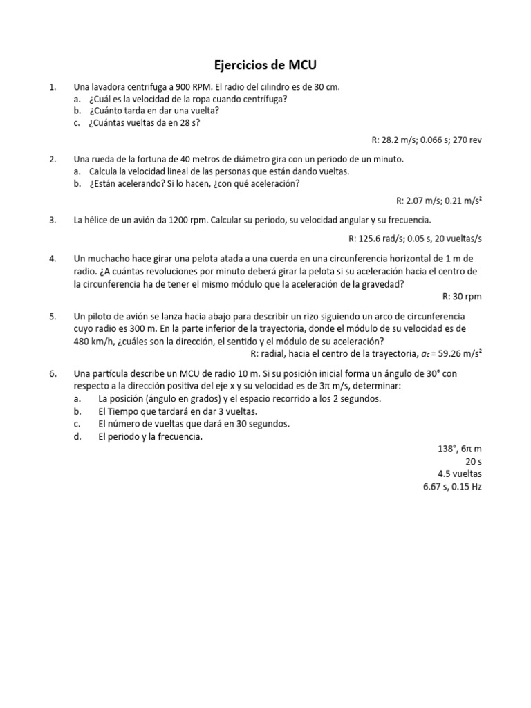 Ejercicios de MCU | PDF | Velocidad | Aceleración