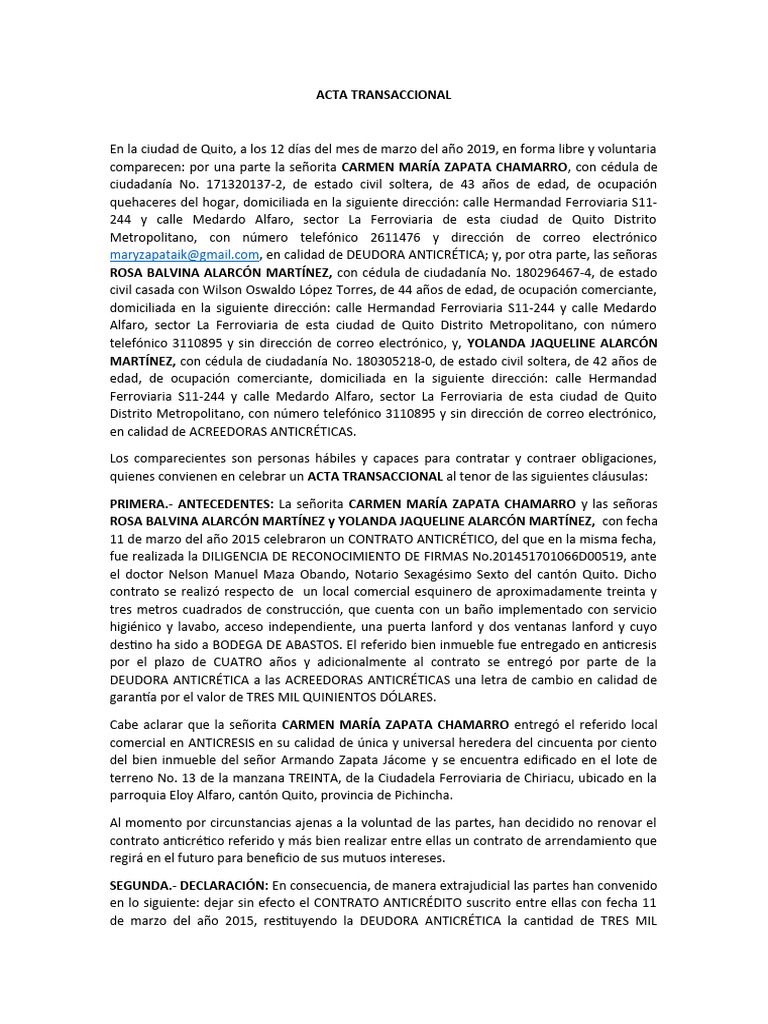 Acta Transaccional Contrato Anticrético | PDF