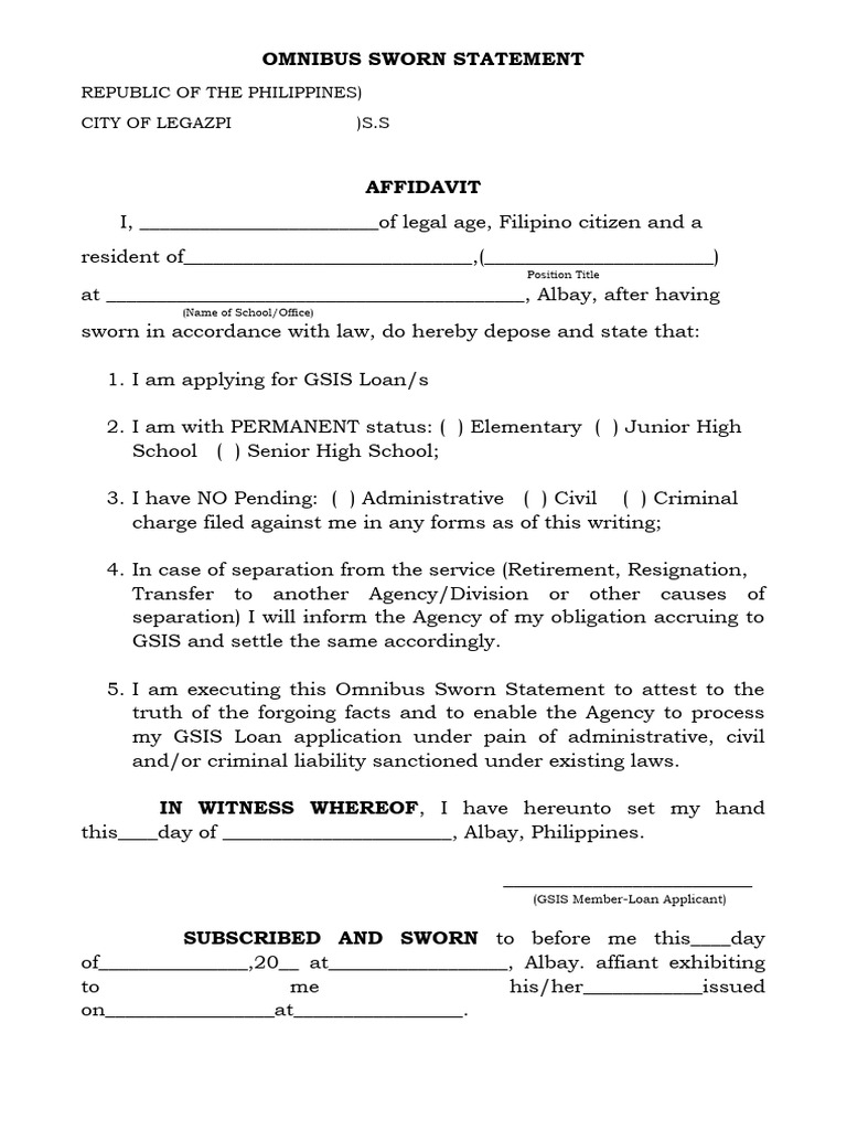 Omnibus Sworn Statement Template | PDF | Finance & Money Management