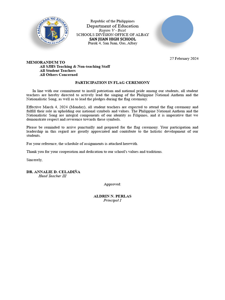 Memo Participation To Flag Ceremony 1 | PDF