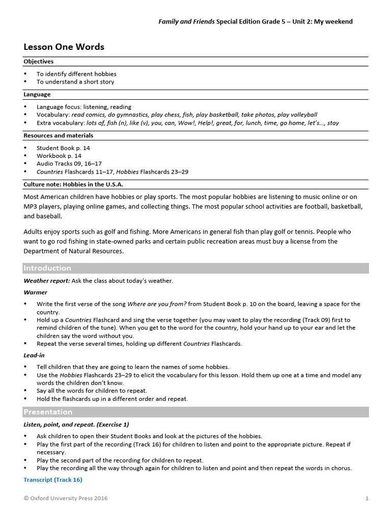 Grade 5 Unit 2: My Weekend Hobbies | PDF | Phonics | Vocabulary