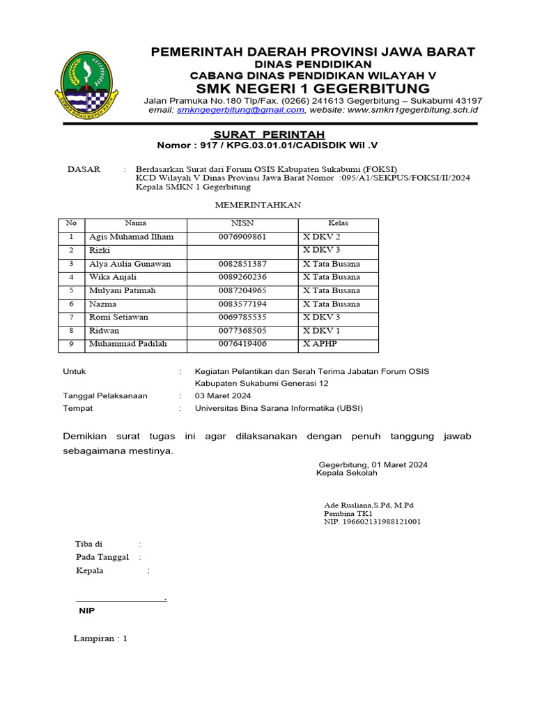 Surat Tugas Siswa No 917 TGL 01 Maret 2024 | PDF