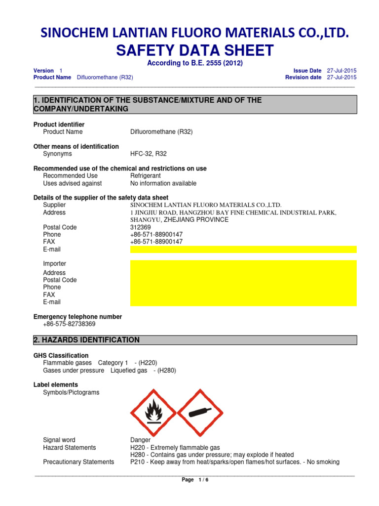 Jincool Sinochem R32 MSDS | PDF