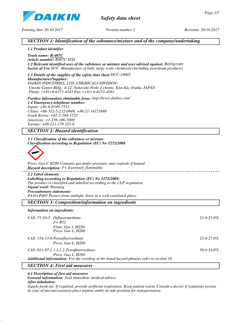 DAIKIN R407c MSDS | Download Free PDF | Dangerous Goods | Fires
