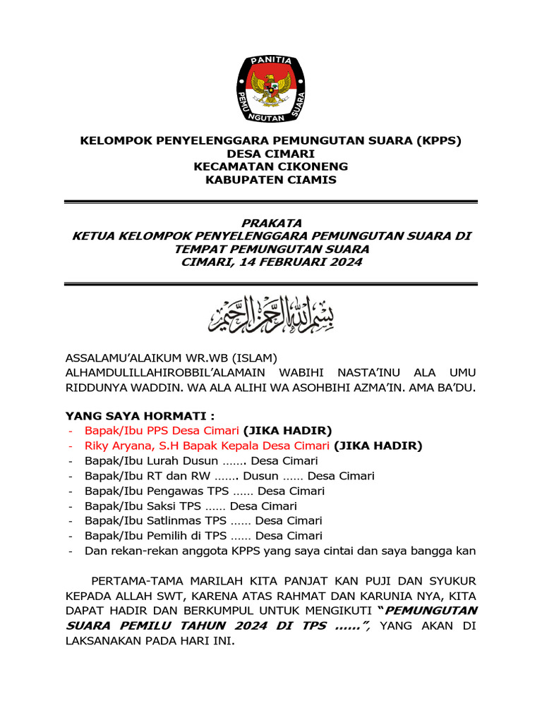 Prakata - Ketua KPPS | PDF