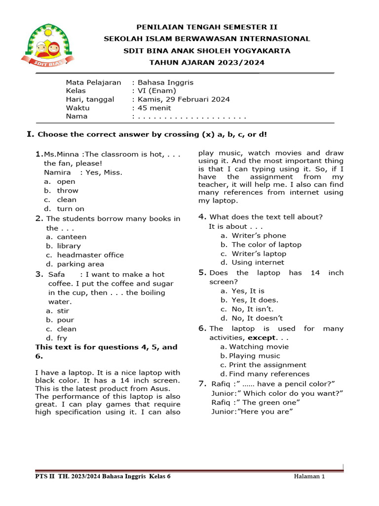 PTS Bahasa Inggris Kelas 6 SMT Ii 2023-2024 | PDF | Seni & Disiplin Bahasa