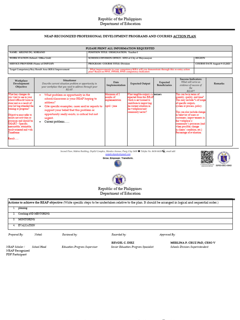 NEAP Action Plan for Teacher Development | PDF