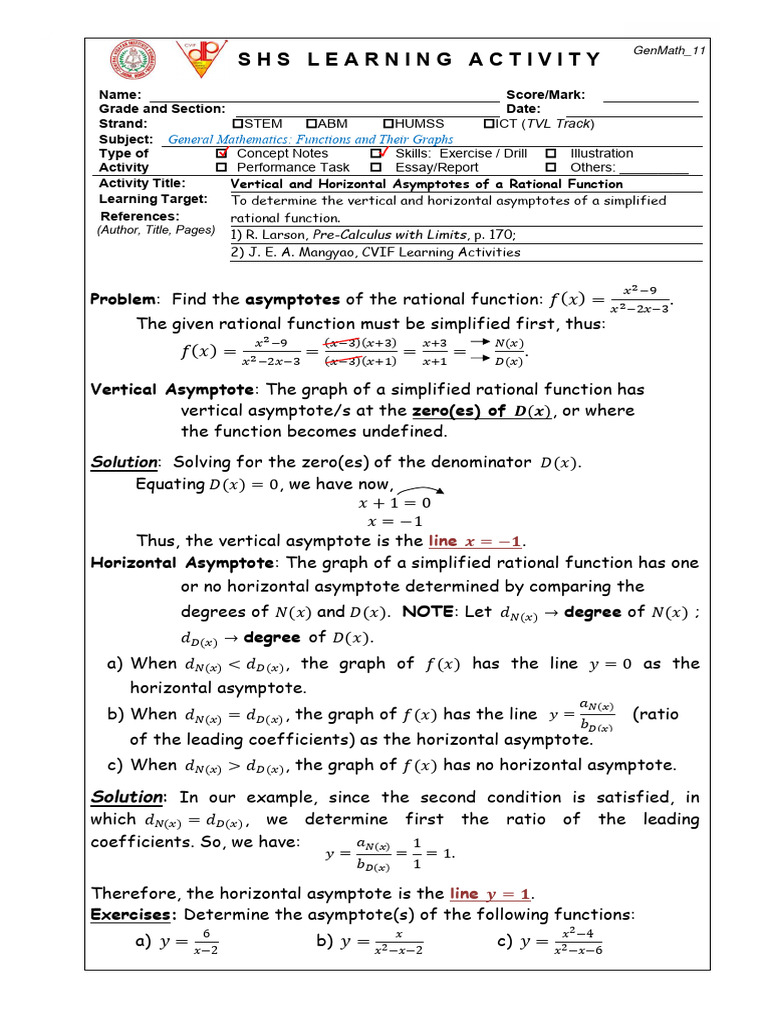 Gen Math LAS 11 Vertical and Horizontal Asymptotes of Rational ...