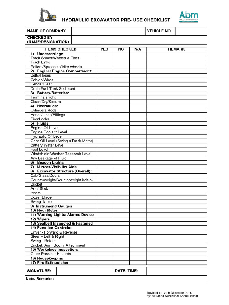 Excavator Checklist | PDF