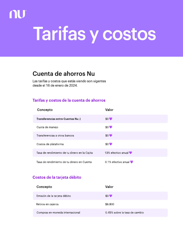 Nu Cuenta Costos y Comisiones | PDF