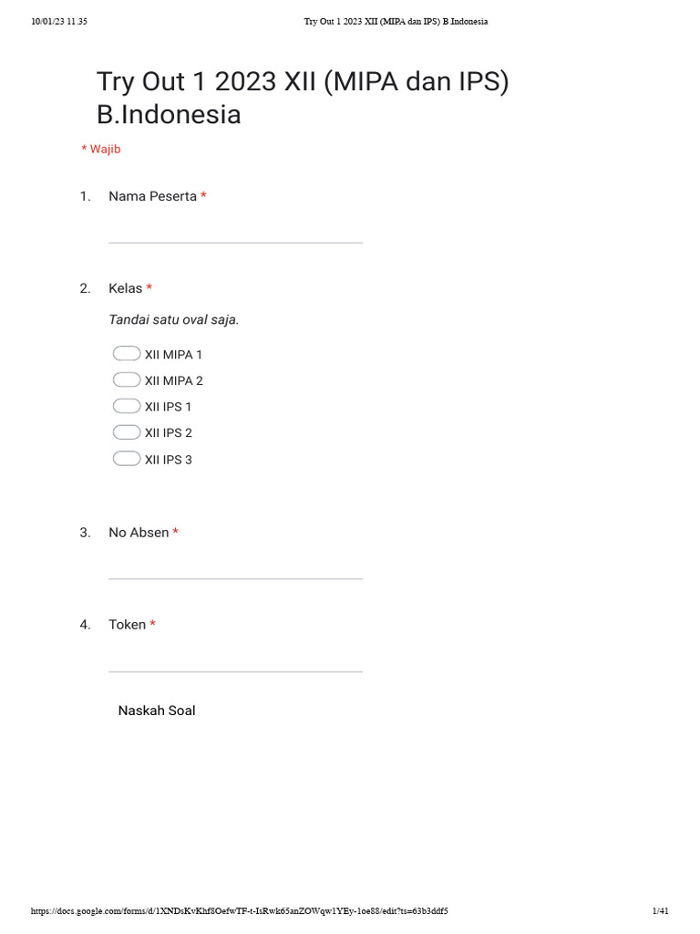 Try Out 1 2023 XII (MIPA Dan IPS) B.indonesia - Google Formulir | PDF